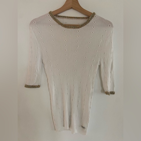 CHANEL | Tops | White Vintage Chanel Top With Multicolor Trim | Poshmark